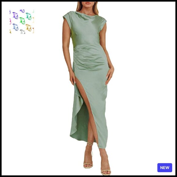 Dresses | Satin Maxi Dress Elegant Backless Cowl Neck Ruffle Hem Formal ...